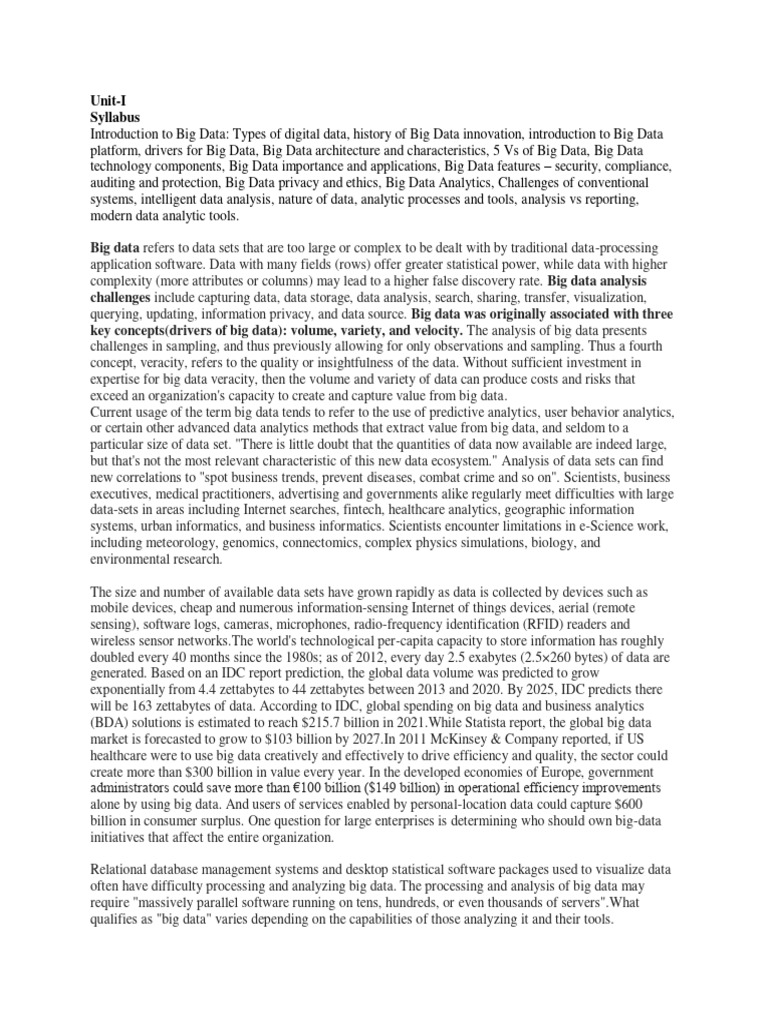 Big Data Unit I | PDF | Big Data | No Sql Big Data Unit I | PDF | Big Data | No Sql