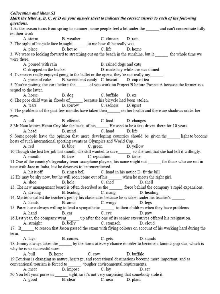 Collocation and Idiom Hè 1 | PDF | Finger