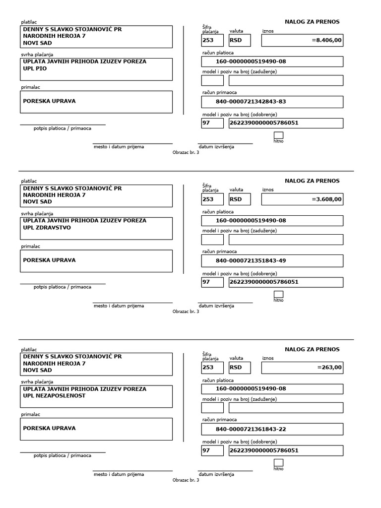 Uplatnice Javni Prihodi | PDF