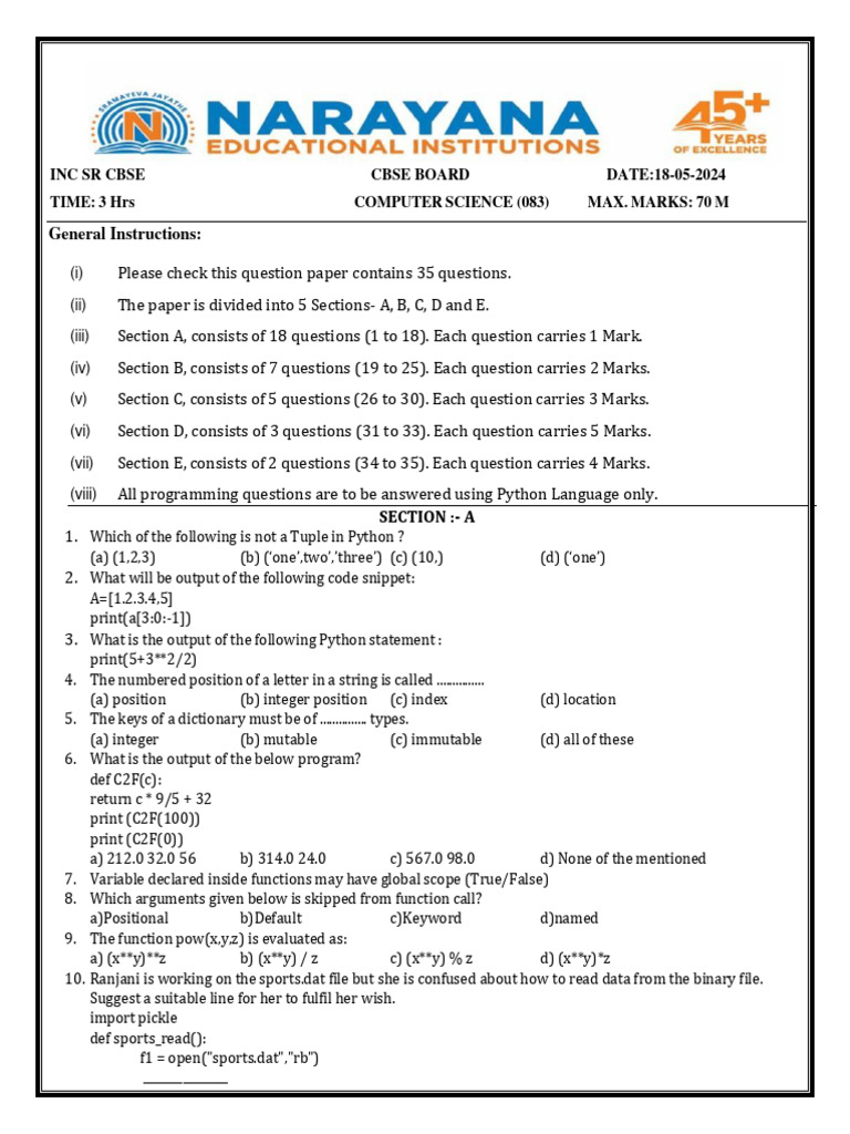 (Cbse - Board) Inc SR Cbse Computer - Science - 18 05 2024 | PDF ...