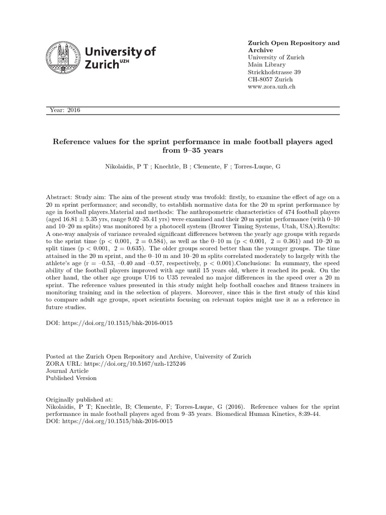Nikolaidis Et Al 2016 - Reference Values For The Sprint Performance in ...