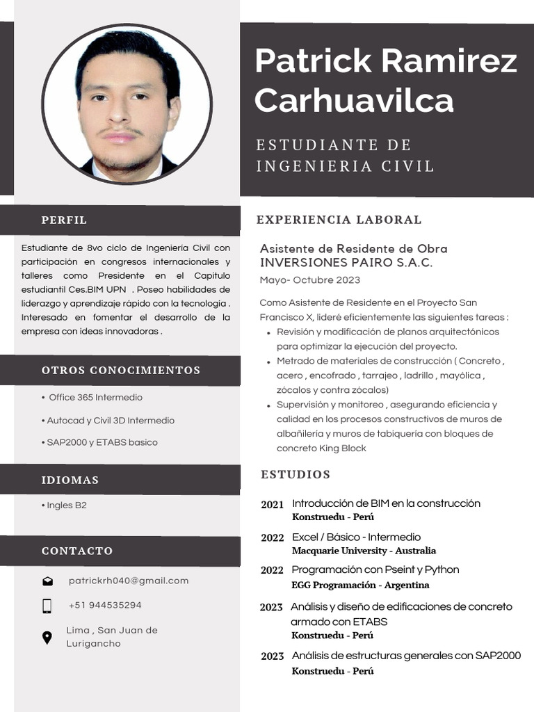 CV PATRICK ERICSON RAMIREZ CARHUAVILCA | PDF | Ingeniería | Ingeniero civil
