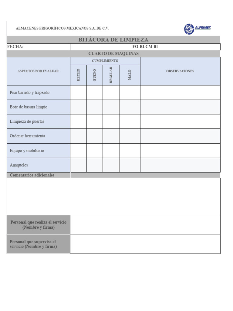 Bitacoras de Limpieza | Descargar gratis PDF | Higiene