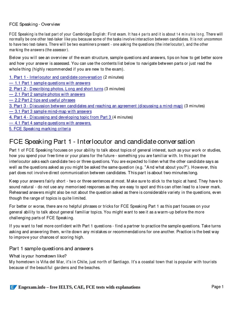 FCE Speaking Overview 2024 | PDF | English Language | Vocabulary