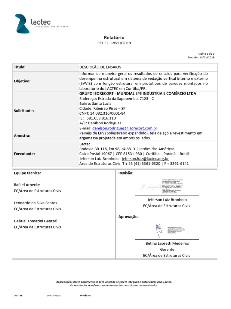 Relatório de Ensaio LACTEC | PDF | Argamassa (alvenaria) | Calor