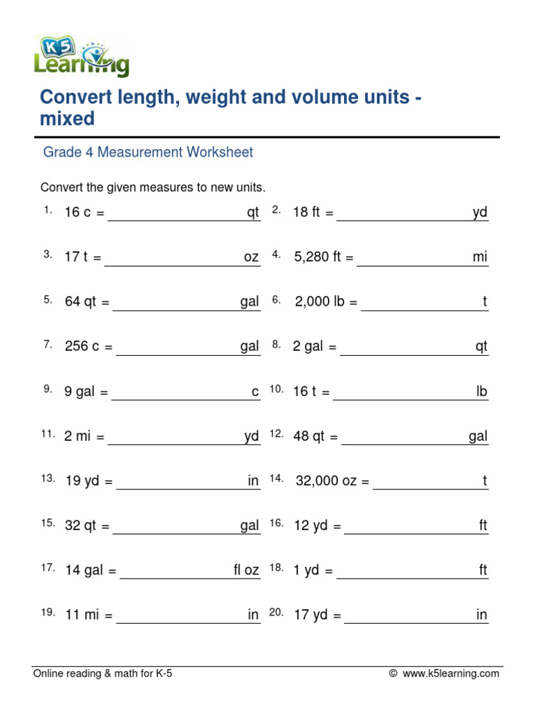 Grade 4 Convert Length Weight Volume Units A | PDF