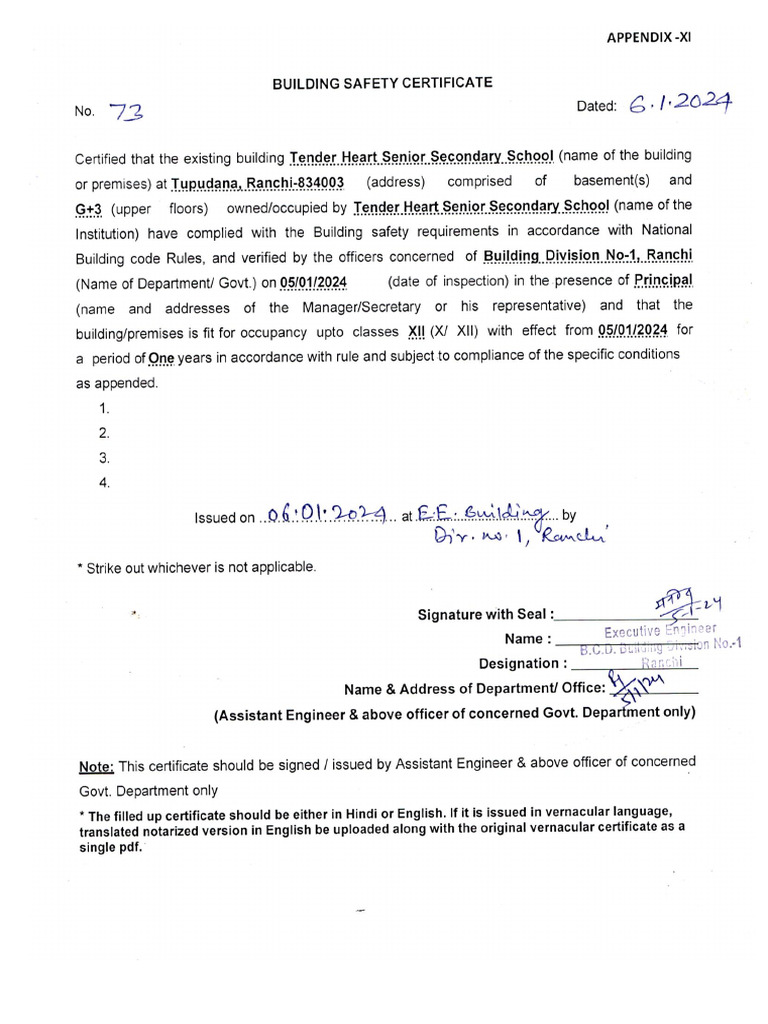 Building Safety Certificate 2024 | PDF