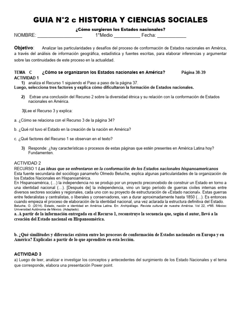 GUIA N2 Historia 1°M Unidad 1 Leccion 2 | PDF | Nación | Américas