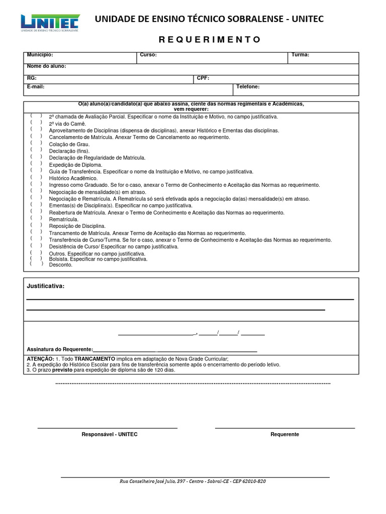 Ficha de Requerimento - UNITEC | PDF | Estágios educacionais