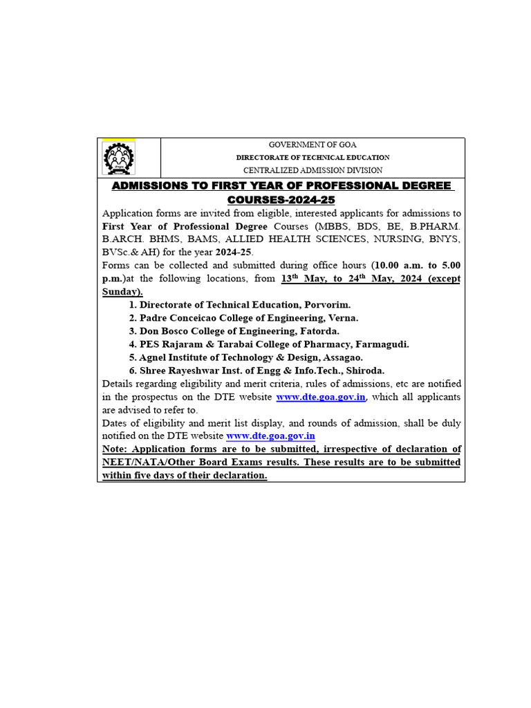 DTE Goa Admissions 2024-25 Details | PDF | Business