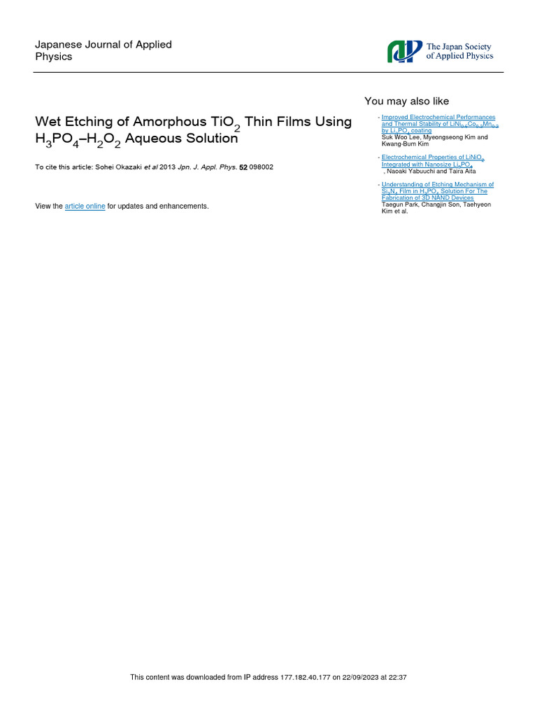 Wet Etching of Amorphous TiO2 Thin Films Using H3PO4-H2O2 Aqueous Solution | PDF | Applied And ...