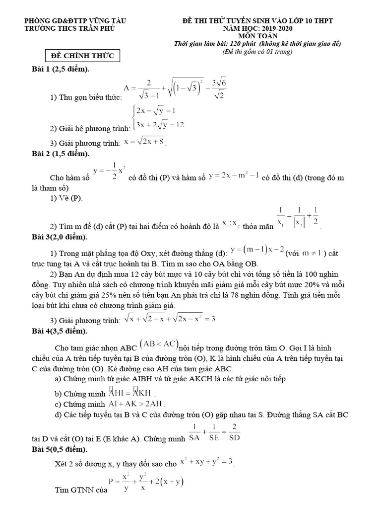 De Thi Thu TS Lop 10 Mon Toan Tran Phu VT 1920 | PDF