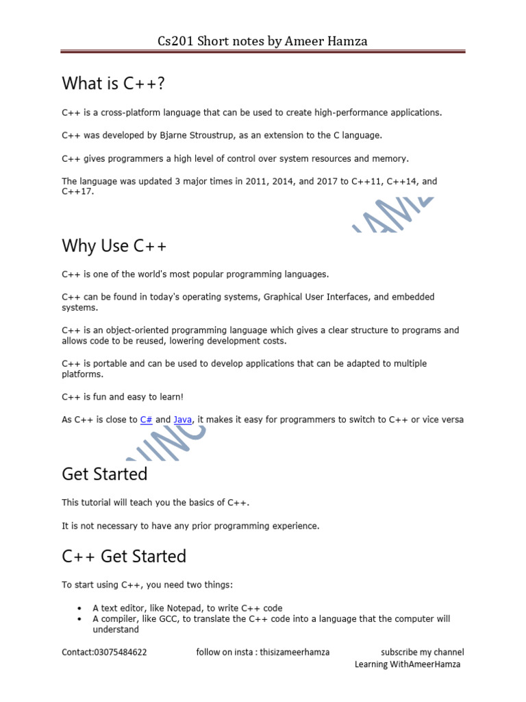 Cs201 Short Notes by Ameer Hamza-Converted-1 | PDF | C++ | Integrated ...