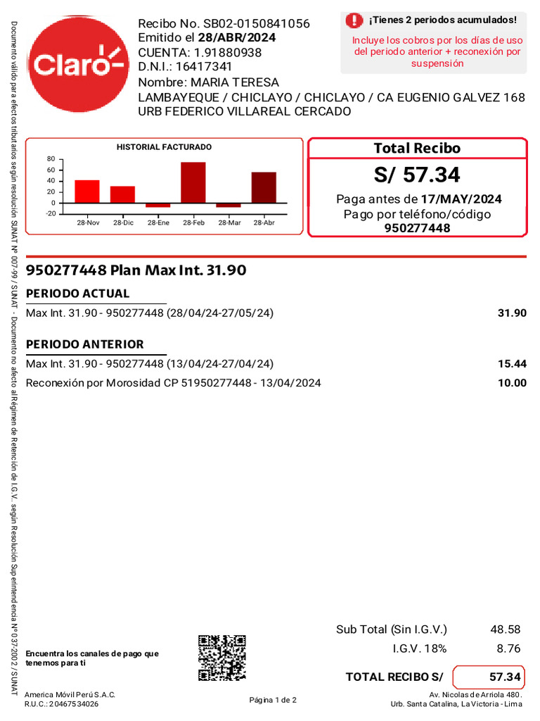 Recibo de Pago Claro: Abril 2024 | PDF