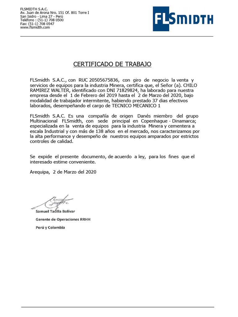 Certificado FL Smidth | PDF | Negocios Certificado FL Smidth | PDF | Negocios