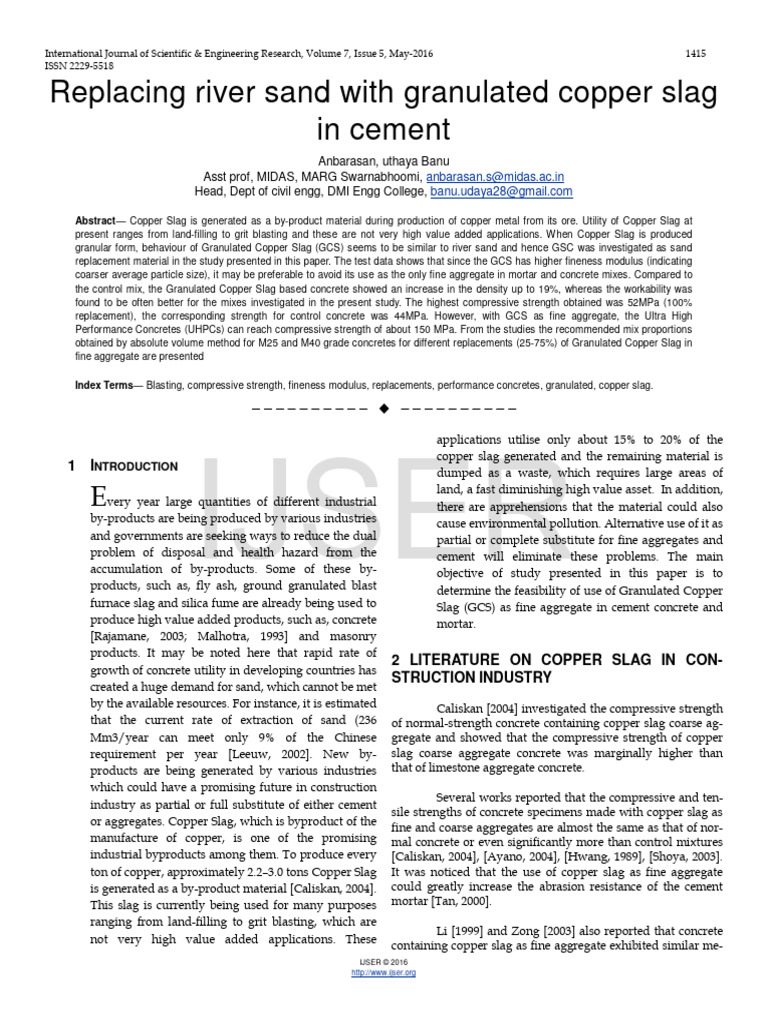 Replacing River Sand With Granulated Copper Slag in Cement | PDF ...