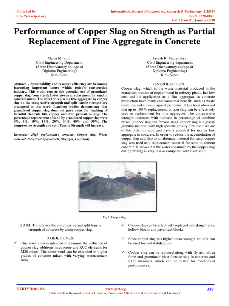 Performance of Copper Slag on Strength as Partial Replacement of Fine Aggregate in Concrete ...
