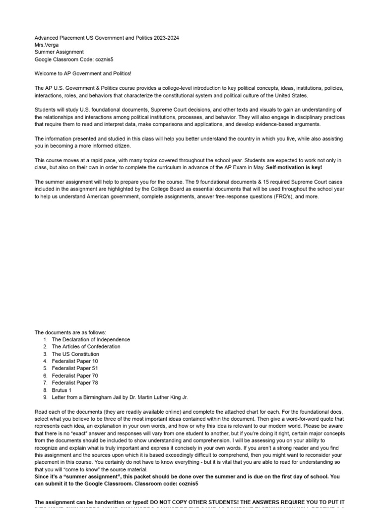 AP US Government Summer Assignment 2023 | PDF | Advanced Placement ...