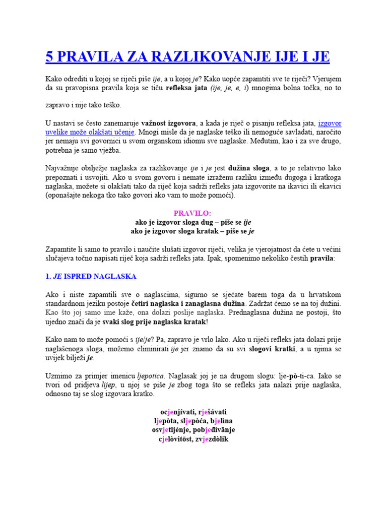 5 Pravila Za Razlikovanje Ije I | PDF