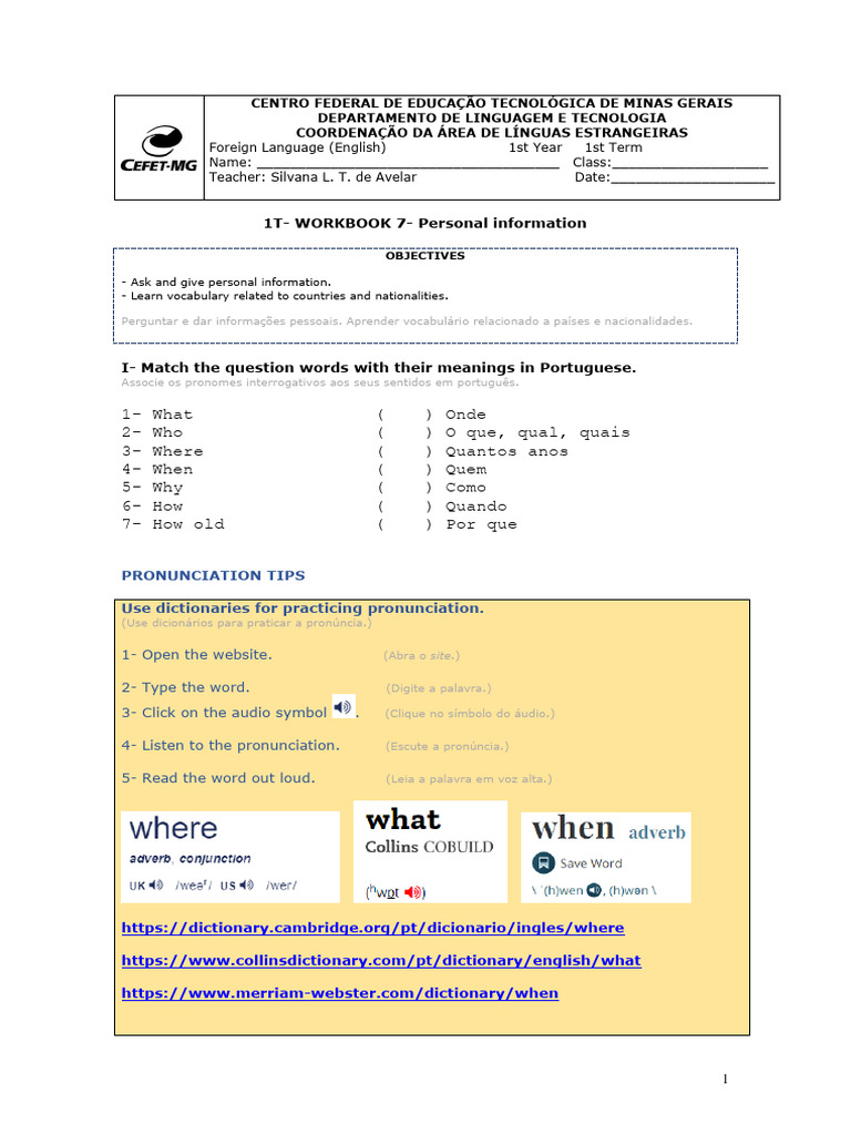 1T - Workbook 7 - Personal Information | PDF | Brazil | Linguistics