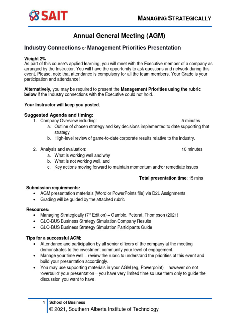 MNGT 395 AGM Management Priorities Directions & Rubric | PDF ...