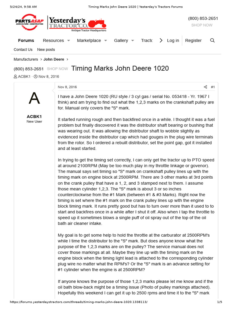 Timing Marks John Deere 1020 - Yesterday's Tractors Forums | PDF | Throttle | Tractor