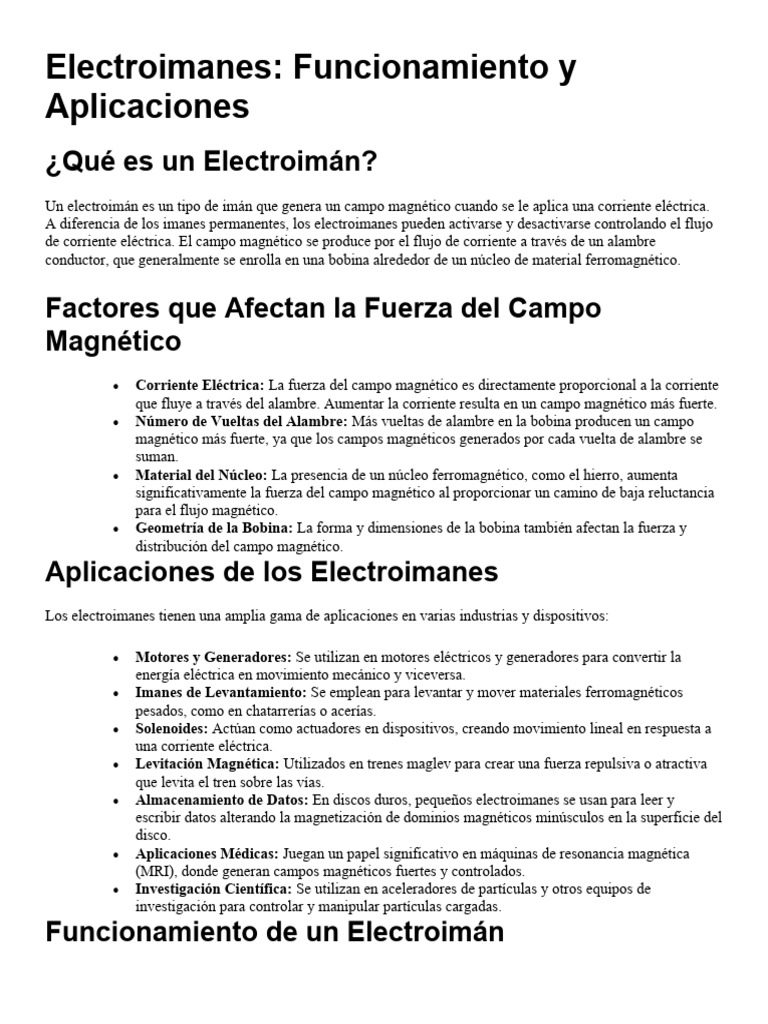 Aplicaciones y Funcionamiento de Electroimanes | PDF | Inductor | Imán
