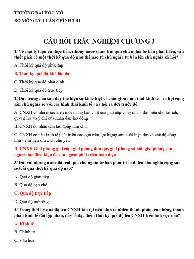 Đán Án BT Chuong 3 CNXHKH | PDF