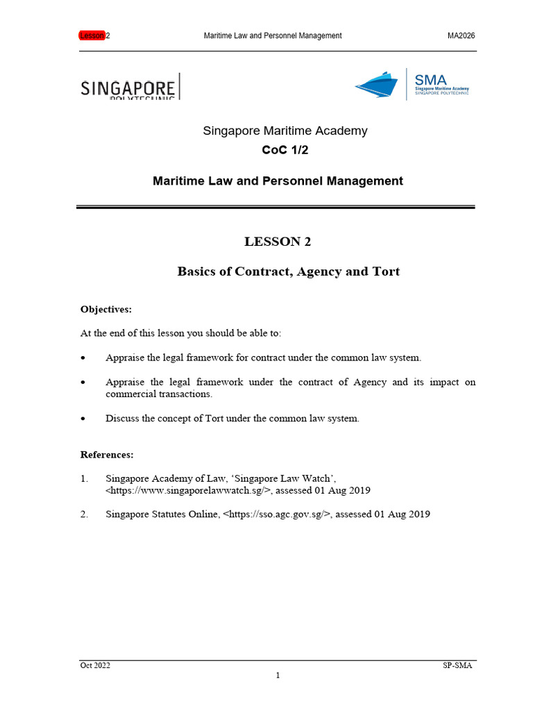 CoC1n2 L2 Basics of Contract Agency Tort Oct 2022-Signed | PDF | Law Of Agency | Legal Liability