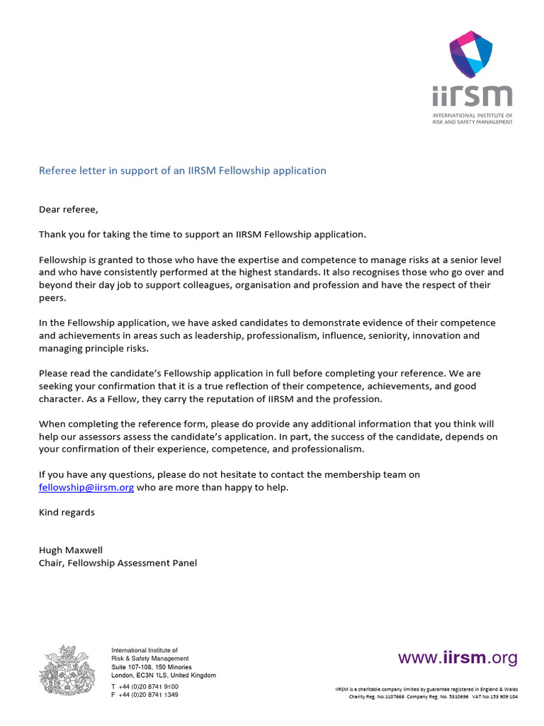 Referee Letter for IIRSM Fellowship | PDF | Business