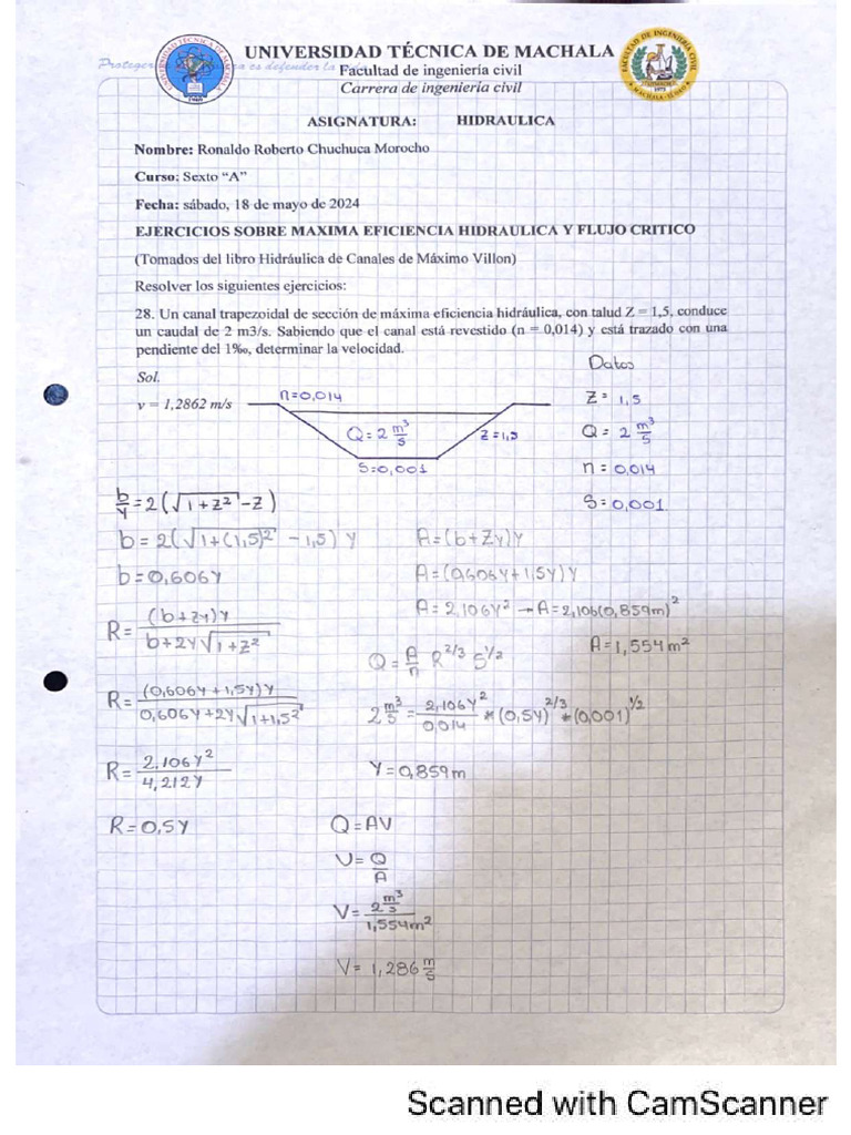 TAREA_EJERCICIOS SOBRE SECCIONES DE MAXIMA EFICIENCIA HIDRAULICA Y ...