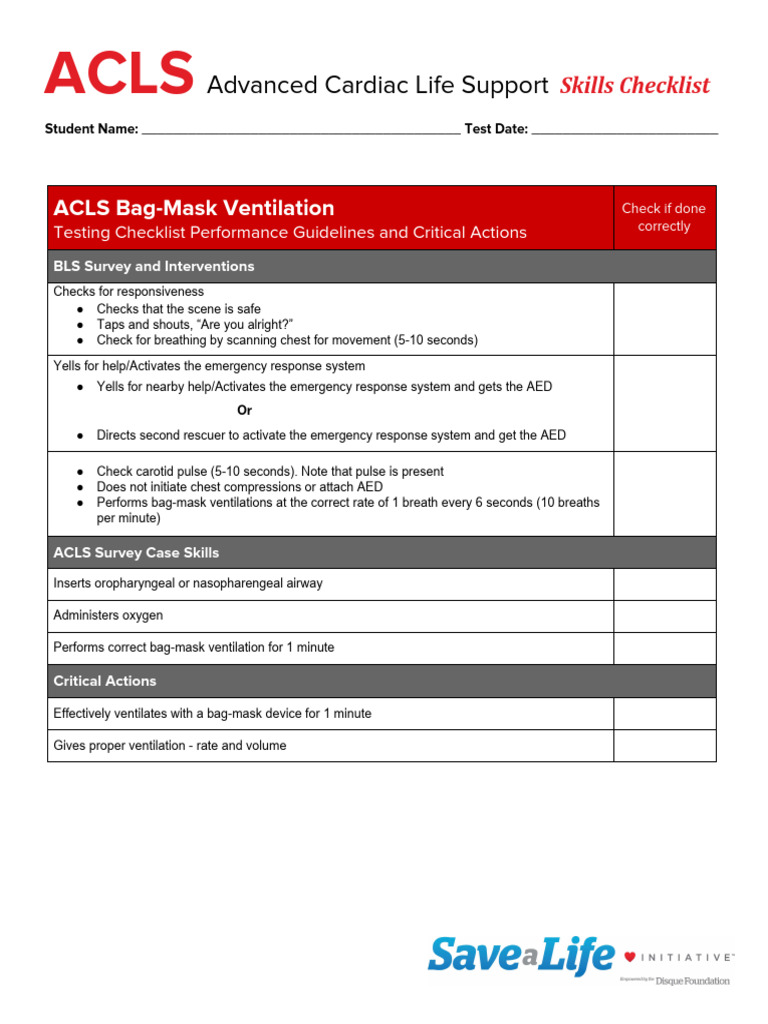 ACLS Skills Checklist 2022 | PDF | Breathing | First Aid