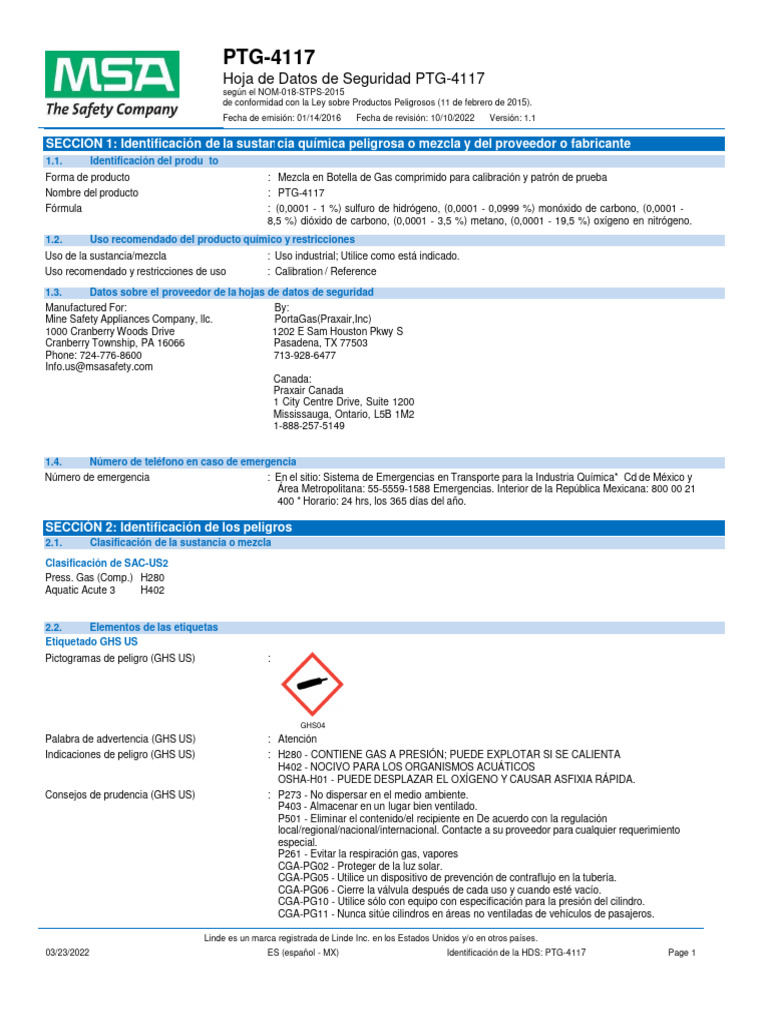 Hoja de Seguridad PTG-4117: Gas Comprimido | PDF | Administración de ...