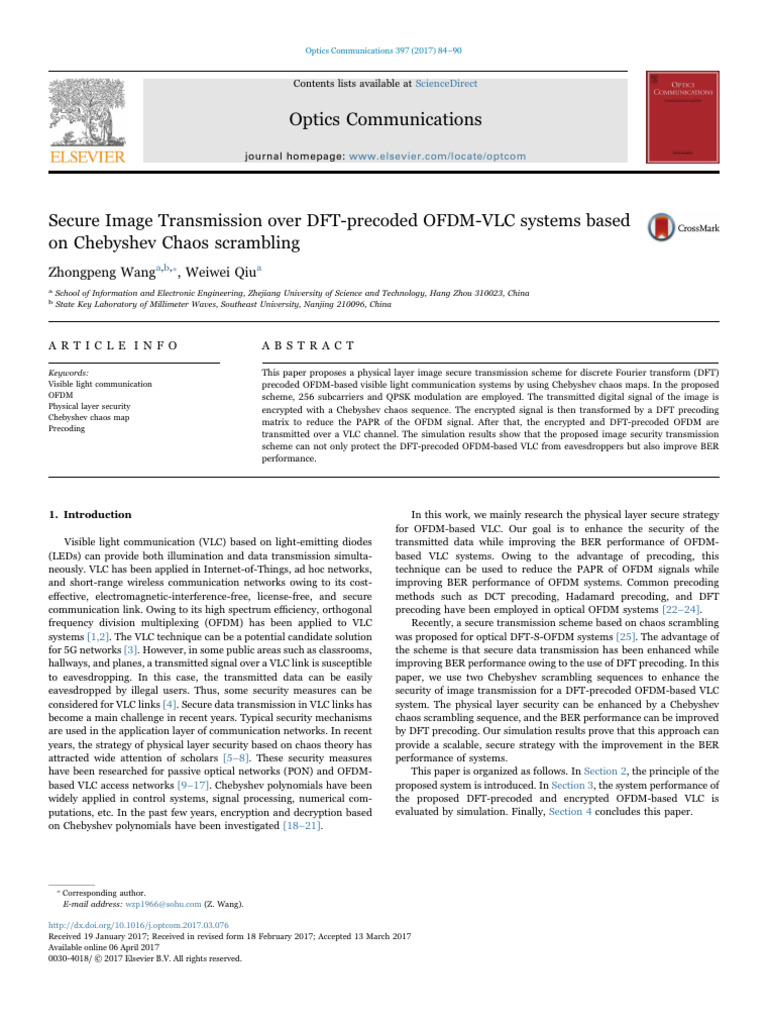 Secure Image Transmission Over DFT-precoded OFDM-VLC Systems Based On Chebyshev Chaos Scrambling ...