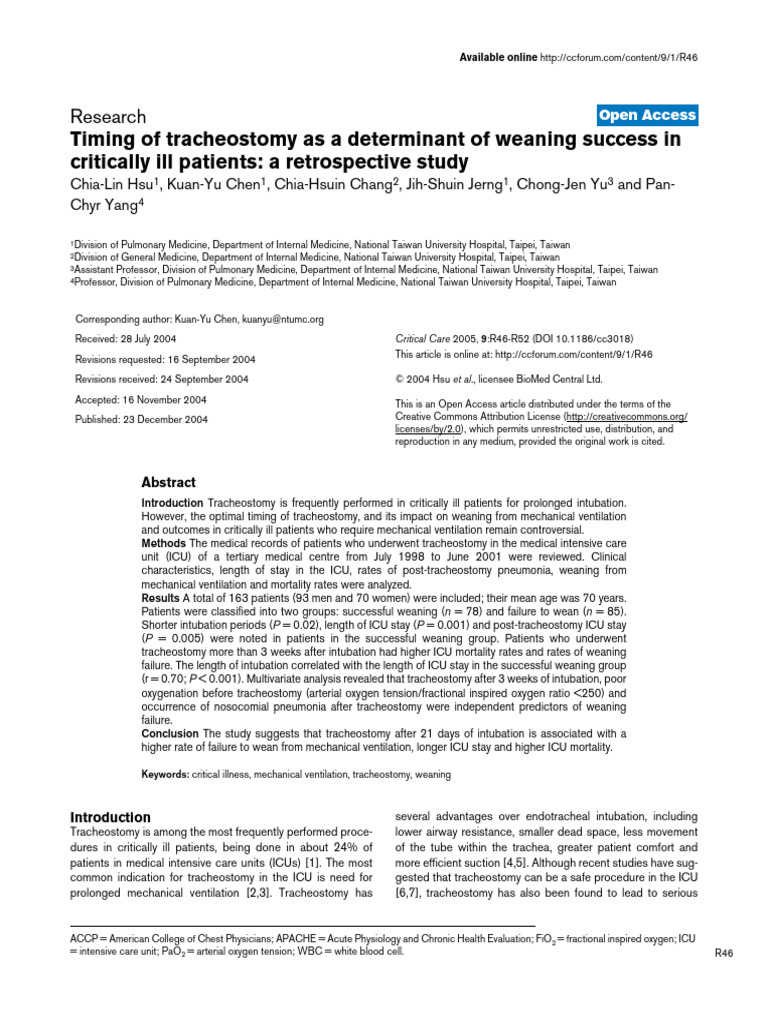 Timing of Tracheostomy and Weaning Success | PDF | Intensive Care ...