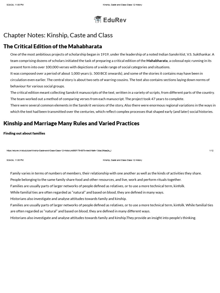 Kinship, Caste and Class Class 12 History | PDF