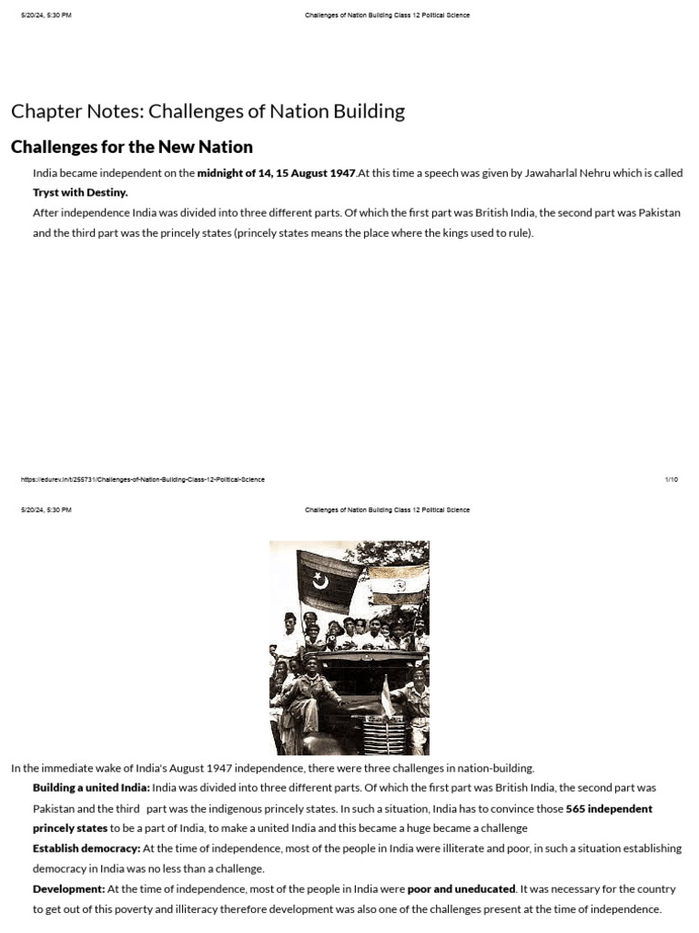 Challenges of Nation Building Class 12 Political Science | PDF ...