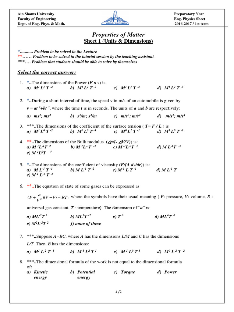 Sheet 1 - Units & Dim - 2016-2017 | PDF | Gases | Continuum Mechanics