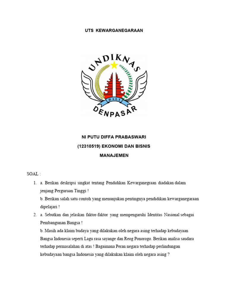 Uts Kewarganegaraan - Ni Made Laura Tania Paramita (12310513) | PDF | Ilmu Sosial