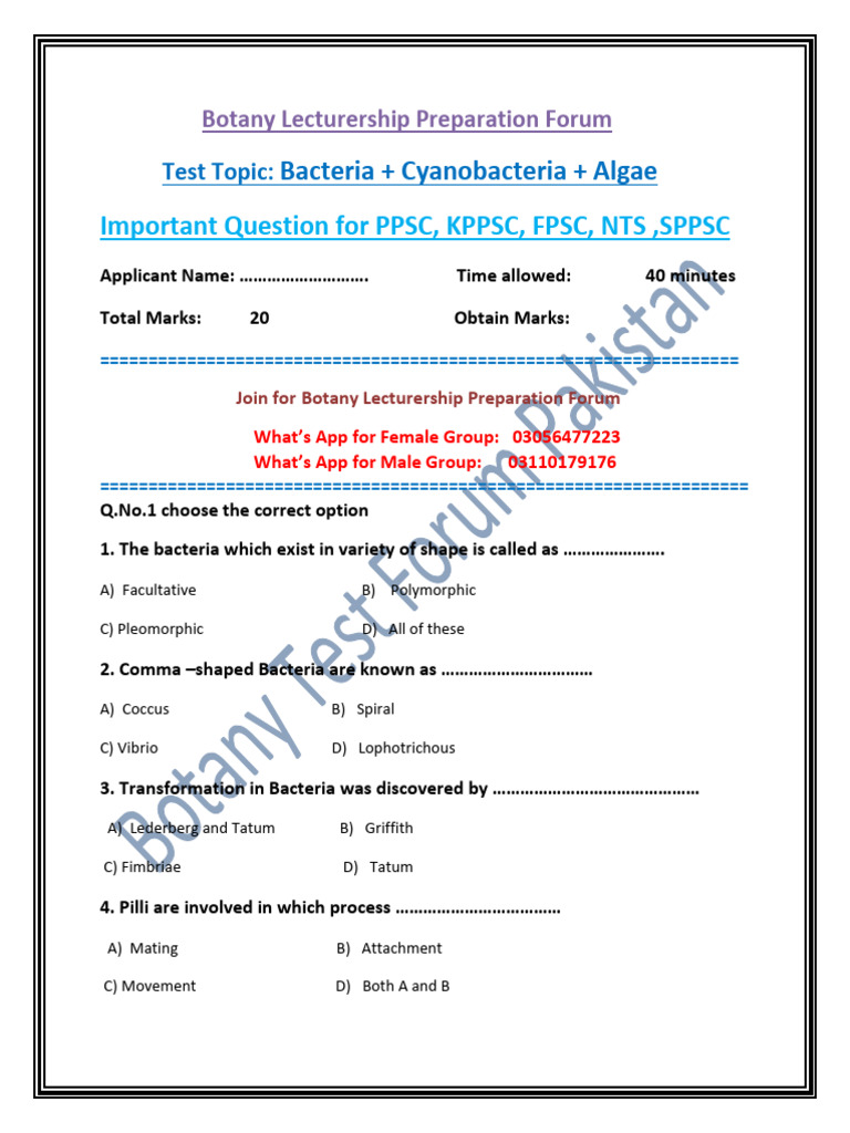 Botany PPSC Question | PDF | Bacteria | Cyanobacteria