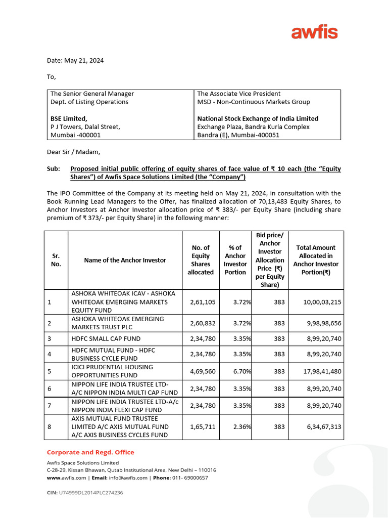 Company Anchor Intimation Letter | PDF | Stocks | Mutual Funds