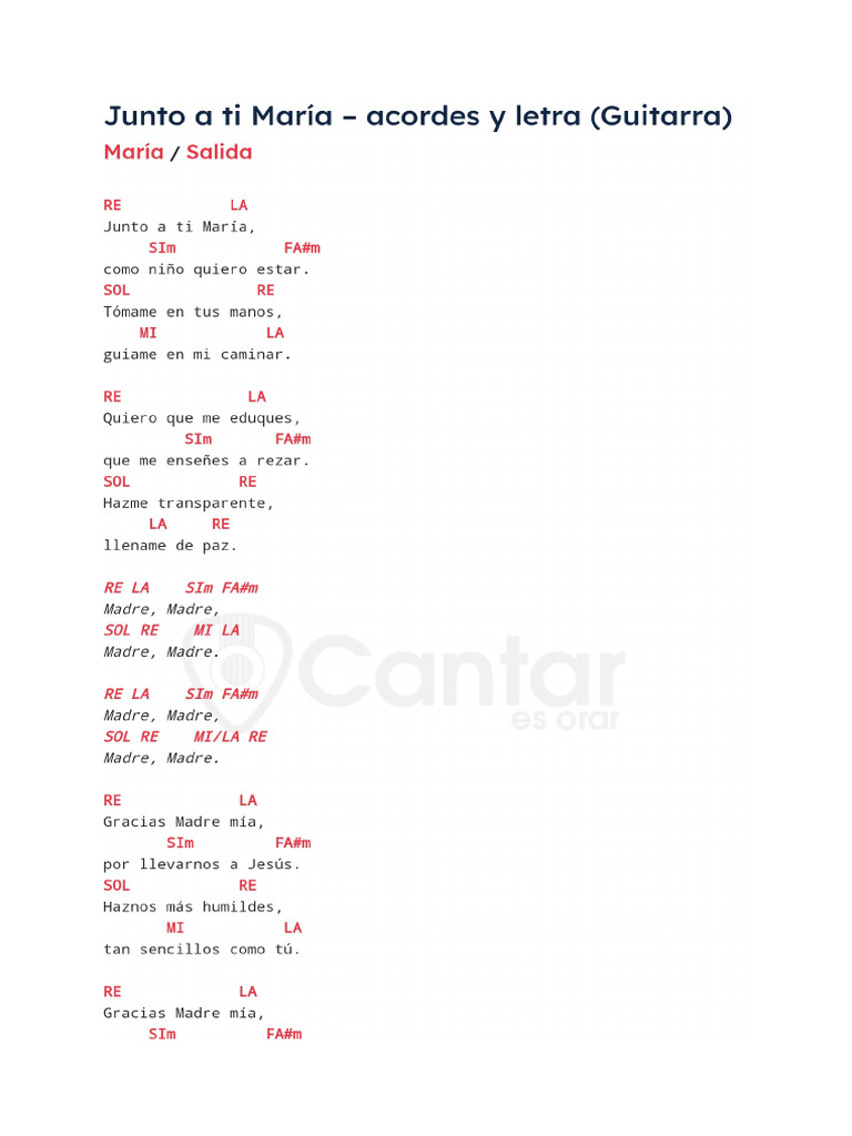 Junto a ti María – acordes y letra (Guitarra) | PDF