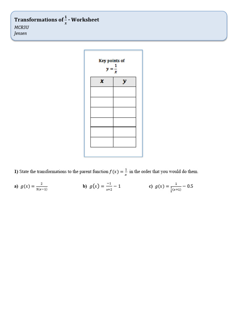 Transformations of Rational Functions Worksheet | PDF | Function ... Transformations of Rational Functions Worksheet | PDF | Function ...