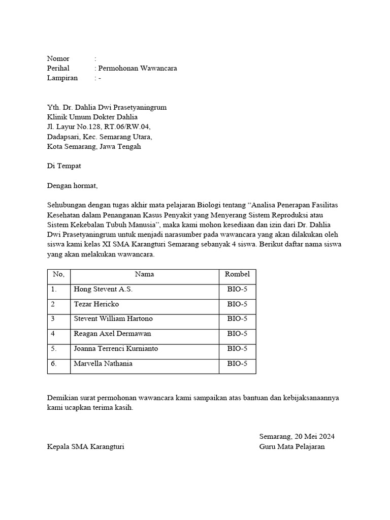 Surat Permohonan Wawancara Biologi Roselyn Bio 5 | PDF