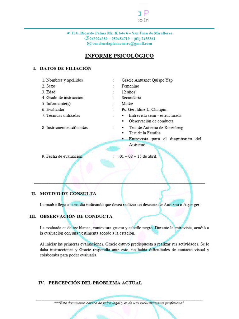 INF. PS. - Gracie | PDF | Ansiedad | Espectro autista