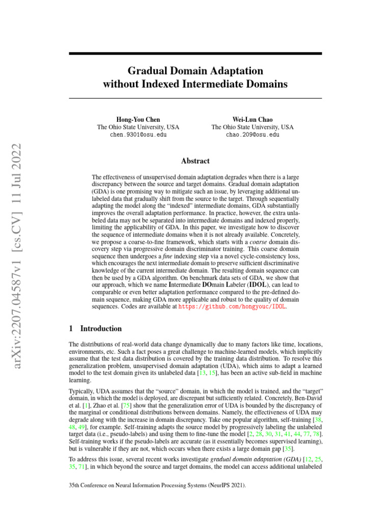 Gradual Domain Adaptation Without Indexed Intermediate Domains | PDF | Data | Applied Mathematics
