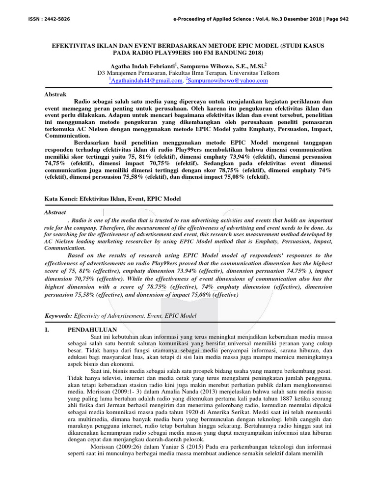 Efektivitas Iklan Dan Event Berdasarkan Metode Epic Model (Studi Kasus Pada Radio Play99ers 100 ...