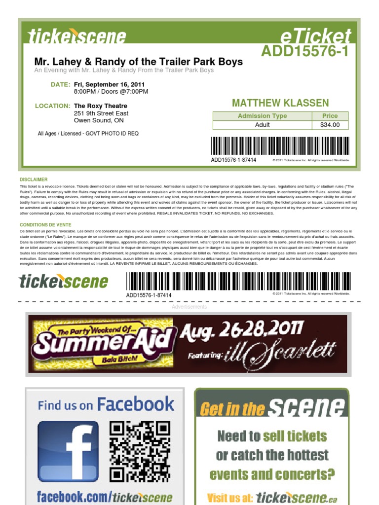 Eticket: Mr. Lahey & Randy of The Trailer Park Boys | PDF