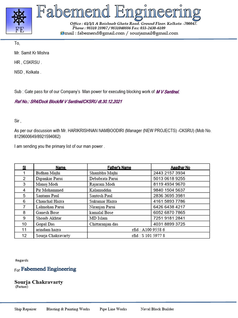 Letter for gate pass for manpower | PDF