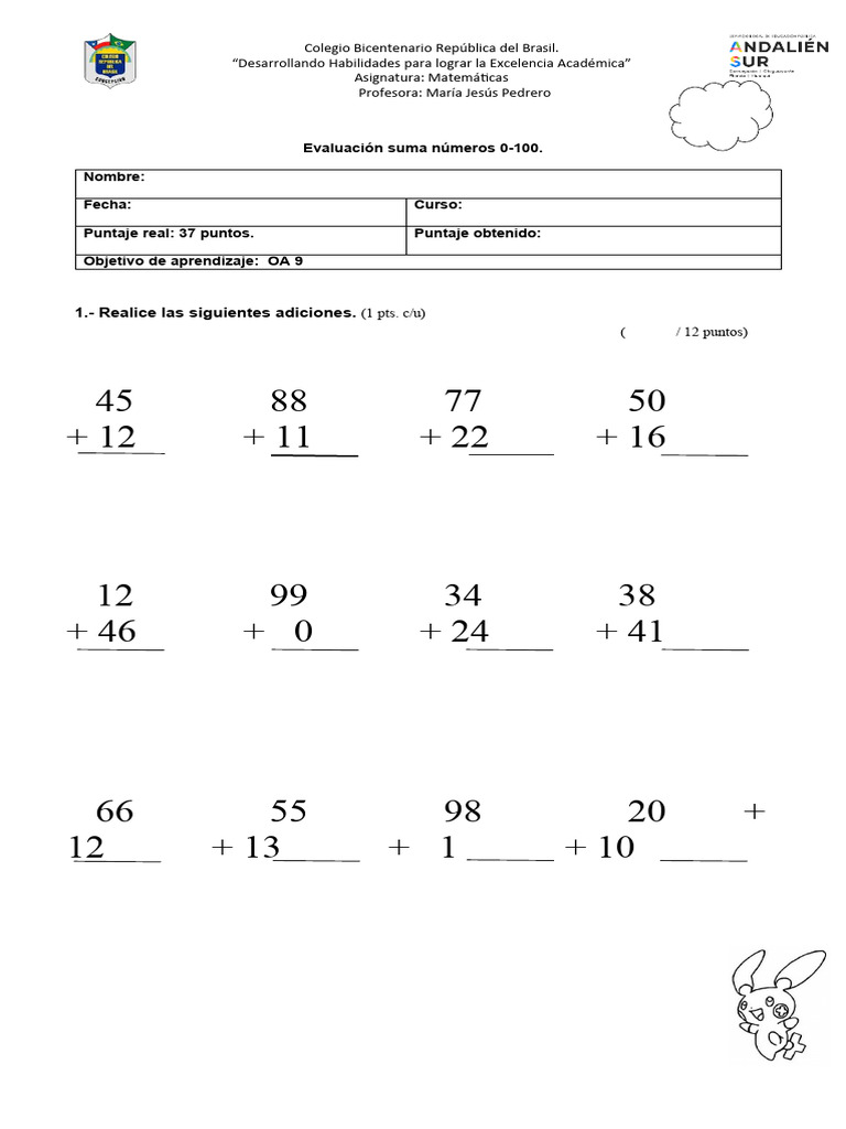 Prueba Matematica Suma | PDF